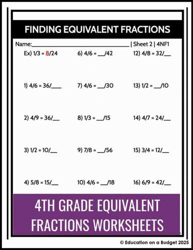 4th Grade Equivalent Fractions Worksheet | PDF | CCSS Align | | TPT
