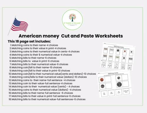 Matching Money Worksheets-American money-Cut and Paste (11 x 8.5)