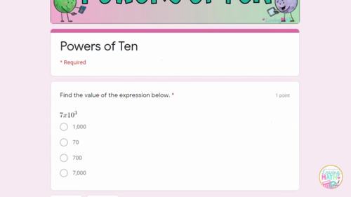 5th Grade Powers of Ten Quiz for Google Classroom by Loving Math
