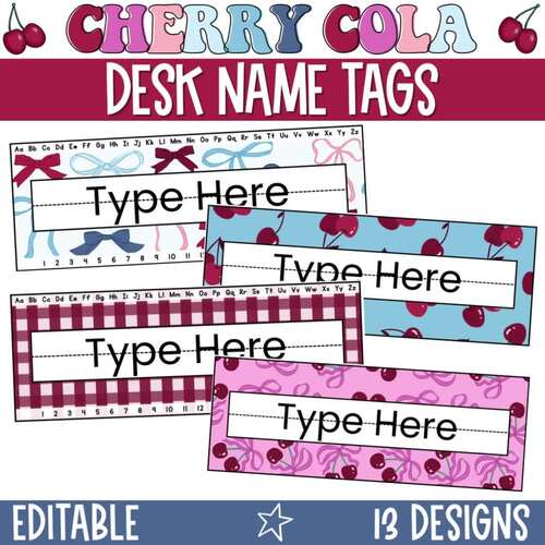 Retro Cherry Coquette Desk Name Plates for Students Editable Bow Desk ...