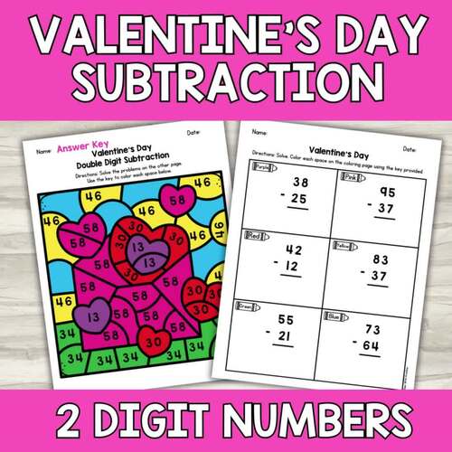Valentine's Day Double Digit Subtraction Color by Answer | Math Center ...