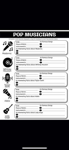 Music Genre POP Unit Workbook - Printable worksheet handout, Music ...