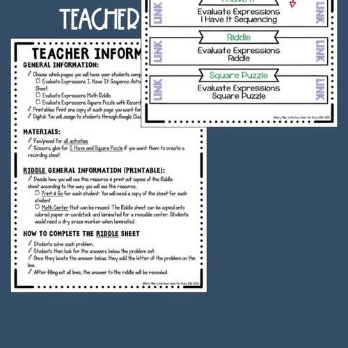 Evaluating Expressions Math Review Activities 6th Grade Puzzle Riddle ...