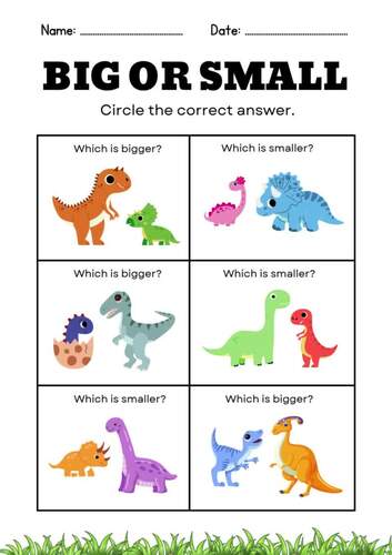 Dinosaur Big and small Sizes Comparison worksheets by TANDPSTUDIO