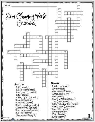 Spanish Stem Changing Verbs Crossword Puzzles | TPT
