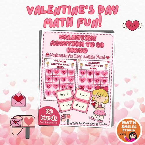 Valentine Addition to 20 Bingo (4x4) | Math Center Game for 1st & 2nd Grade