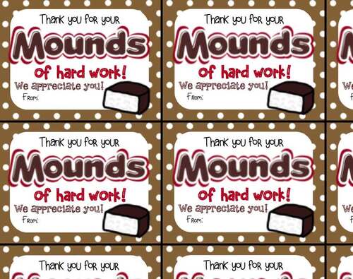 Mounds Chocolate Staff (Teacher) Appreciation Gift Tag- Thank you for ...