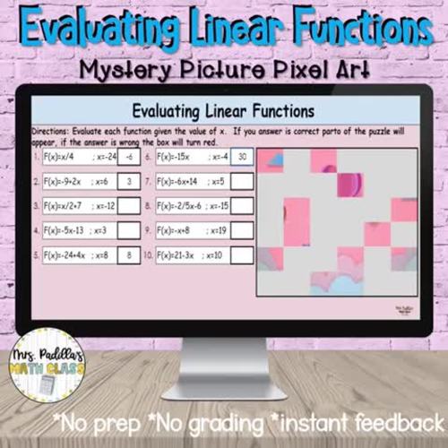 Evaluating Linear Functions mystery Picture Pixel Art for Distance Learning