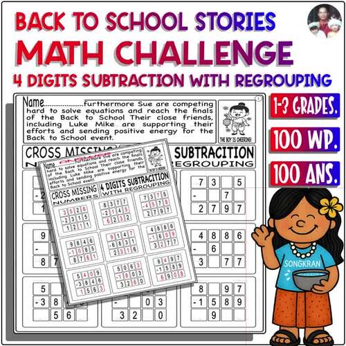 Back to school Story 4 Digits number Subtraction with Regrouping Math ...