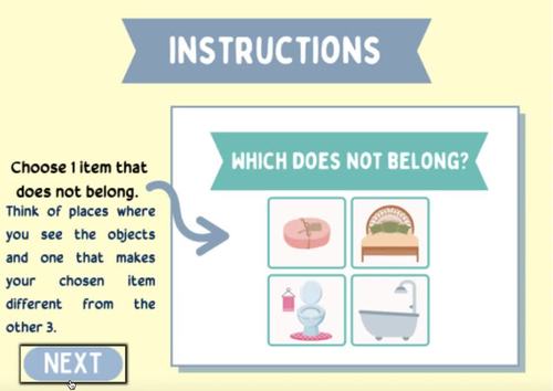 Which Does Not Belong? (Object-Location) - BOOM CARDS by Blowing Babbles