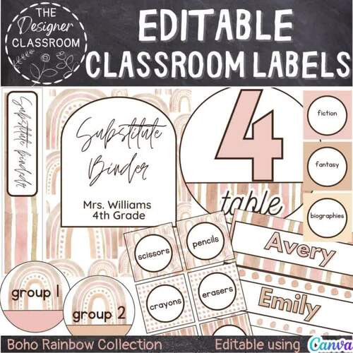 Editable Classroom Labels Pack | Boho Rainbow Classroom Decor | TPT