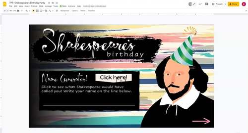 Shakespeare's Birthday Party Digital Choice Board by 208 LitChicks