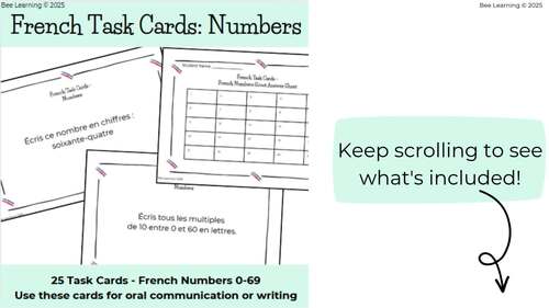 French Numbers Task Cards – Beginner Vocabulary Practice | 25 Cards + Scoot