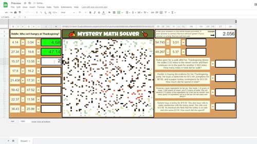 Thanksgiving - Add & Subtract Decimals - Digital Math Activity - Pixel Art