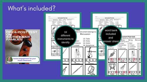 Music Instrument Pre & Post Test for Elementary & Middle School Music