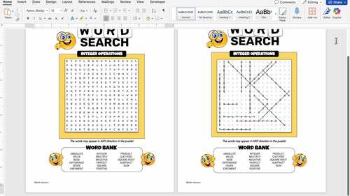6th/7th Grade Math Fun Worksheet: Integers Operations Vocabulary Word ...