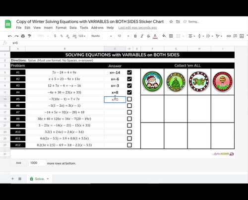 Christmas Algebra Solving Equations with Variables on Both Sides ...