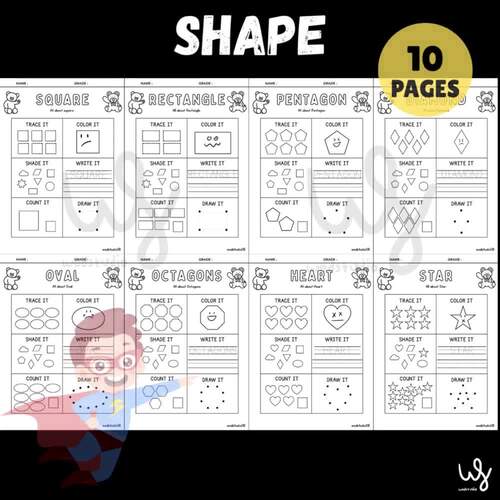 No Prep Shape Worksheet Bundle | Trace, Color, Count & Write Geometry ...