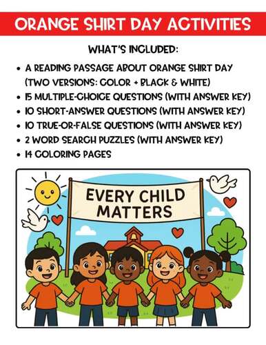 Orange Shirt Day Activities Reading Comprehension Word Search ...