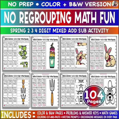 Spring Math Mixed Add Sub 2 3 4 Digit No Regrouping Kids Activity cut paste