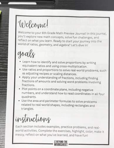 6th Grade Math Preview Journal - End of Year 5th Grade Math Activity