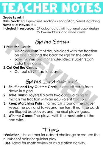Fraction Memory Game | Grade 4 | Equivalent Fraction Matching Activity