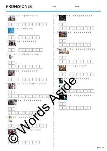 Spanish Vocabulary Worksheet Card Crossword Word Search Anagram PROFESSIONS