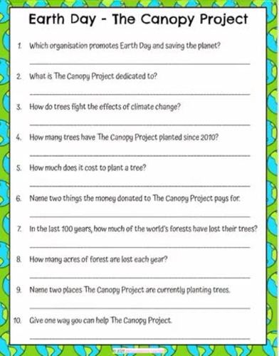 Earth Day - Canopy Project Reading Comprehension Worksheets | TPT
