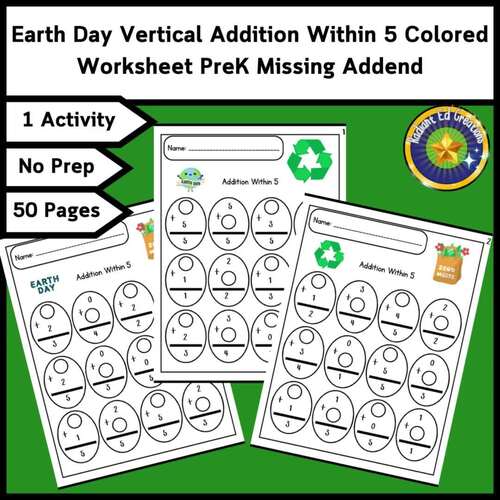 Earth Day Vertical Addition Within 5 Colored Worksheet PreK Missing Addend