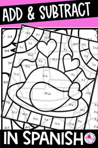 SPANISH THANKSGIVING TURKEY COLOR BY NUMBER CODE ADDITION & SUBTRACTION ...