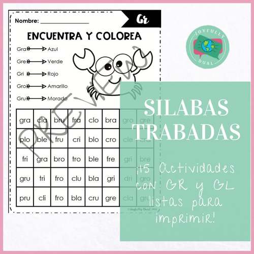 Silabas Trabadas con GR y GL - Spanish Blends - Worksheets by Joyfully Dual