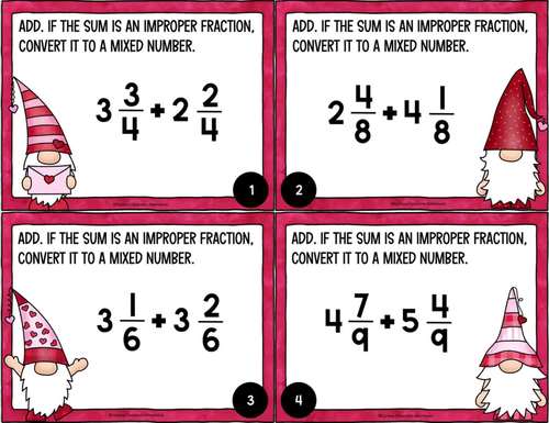 Valentine's Day Adding and Subtracting Mixed Numbers Task Cards Activities
