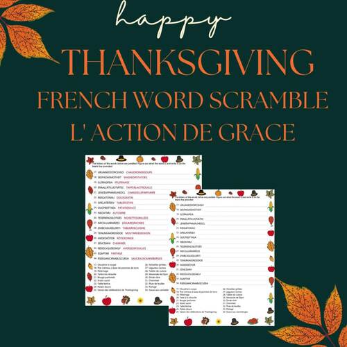 No Prep Thanksgiving French L' Action De Grâce Word Scramble Mots mêlés ...