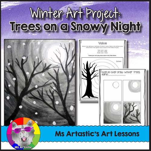 Winter Art Lesson, Winter Trees on a Snowy Night Art Project for Elementary