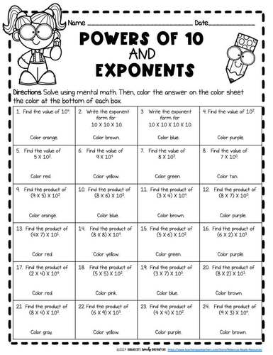 Powers of 10 and Exponents Color by Number Back to School Theme | TPT