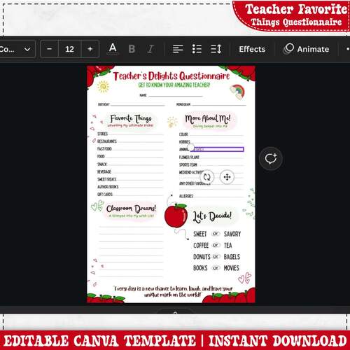 Editable Teacher Favorite Things Survey - Back to School Teacher Survey