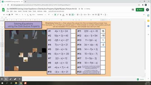 Solving Equations Digital Mystery Picture Activities for Google Sheets