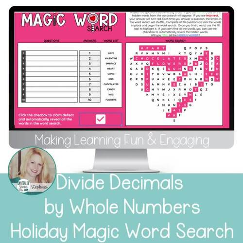 Divide Decimals by Whole Numbers Valentine's Self-Checking Digital Activity