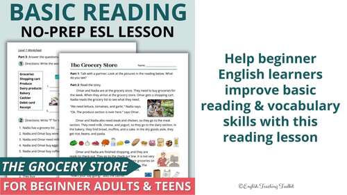 Beginner Adult ESL Short Story Reading Comprehension Worksheets Grocery ...
