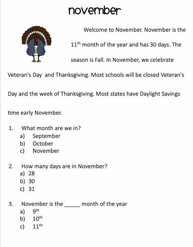 November Reading Comprehension, Special Education | TPT