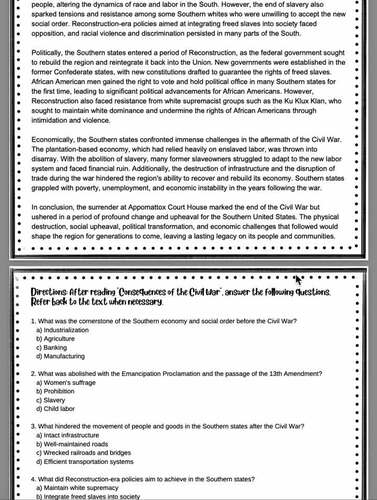 Consequences of the Civil War Reading Comprehension Worksheet | TPT