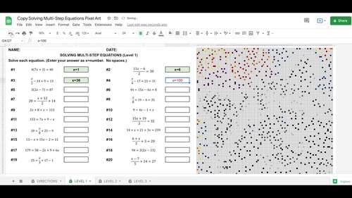 Google Sheets Digital Resource Pixel Art Math Solving Multi Step Equations