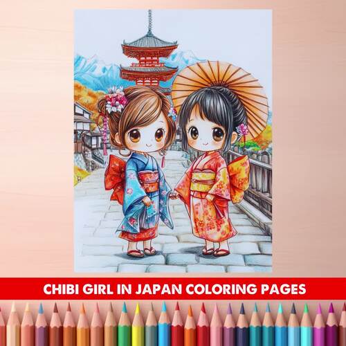 50 Chibi Girl in Japan Coloring Pages - Kids & Adults Holiday Activity