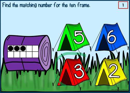 Camping Numbers, Number Words & Ten Frames BOOM & Task Cards Match Game