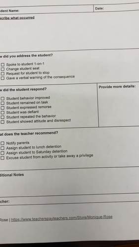 Student Behavioral Accountability Chart by Parent Friendly and Teacher ...