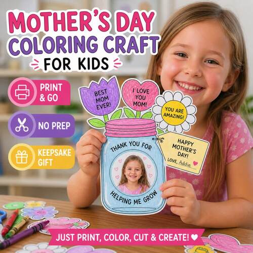 Mothers Day Coloring Craft for Kids Printable Cut and Paste Flower Jar ...