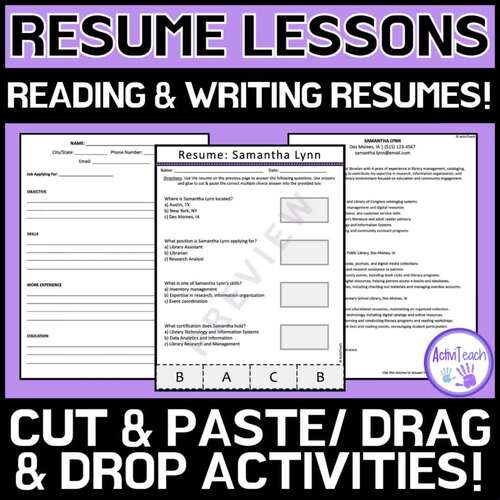 Resume Lesson Resume Cut and Paste Reading Lesson Job Skills Special ...