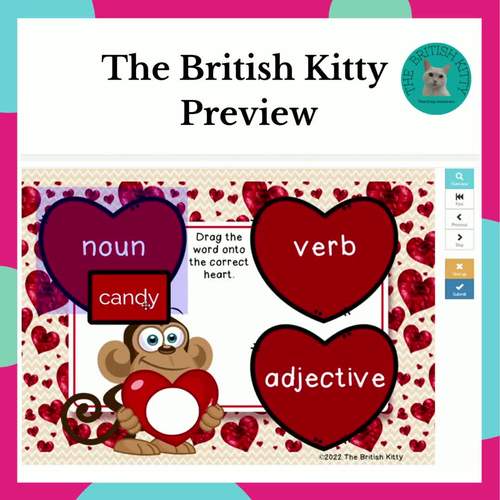 Valentine's Day Monkey Noun Verb Adjective Boom Cards™ by The British Kitty