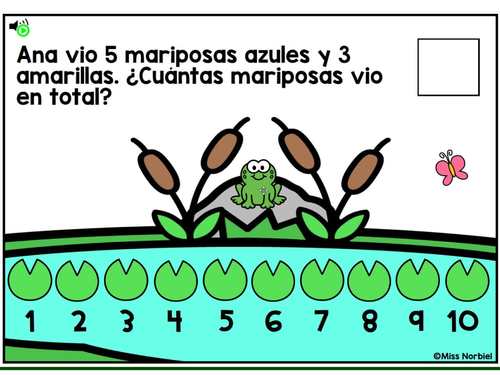 Word problems to 10 in Spanish Boom Cards, PROBLEMAS MATEMATICOS