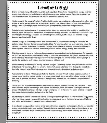 Forms of Energy Reading Passage | 5-Day Bellringers, Science ...